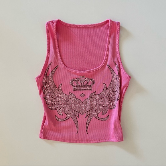 Tops | Nwot Rhinestone Y2k Crop Tank Top Pink Small | Poshmark